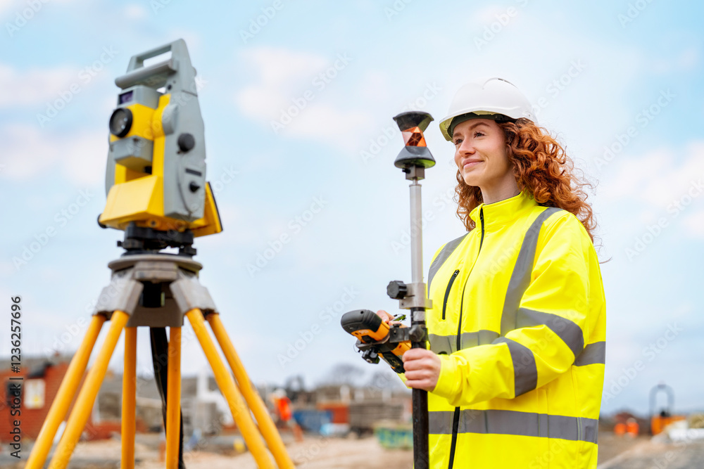 Poster Woman Surveying engineer conducts land measurement with total ...