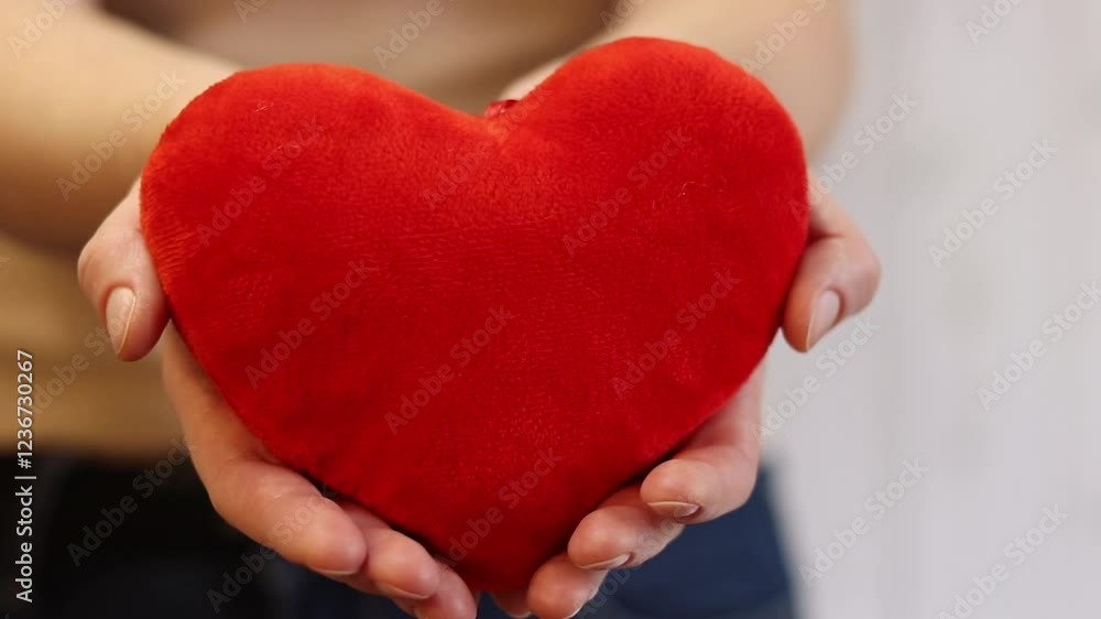 Toy heart in girl's hands. Plush soft heart in woman's hands, close-up ...