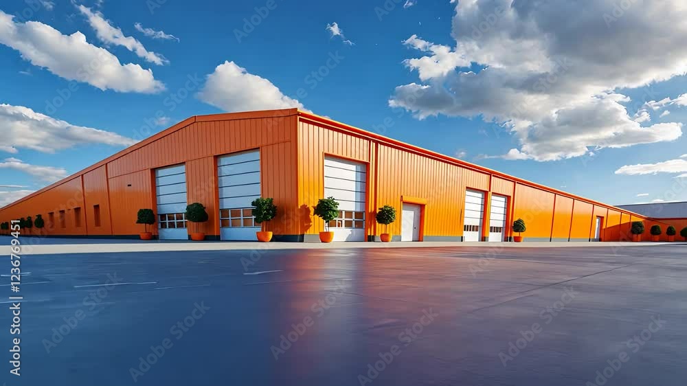 Large Modern Warehouse with Orange Exterior, Multiple Loading Bays ...