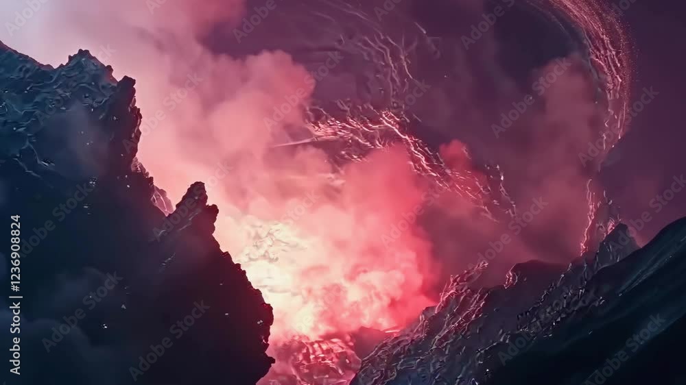 Fantasy animation scene volcanic inferno. A breathtaking aerial view ...