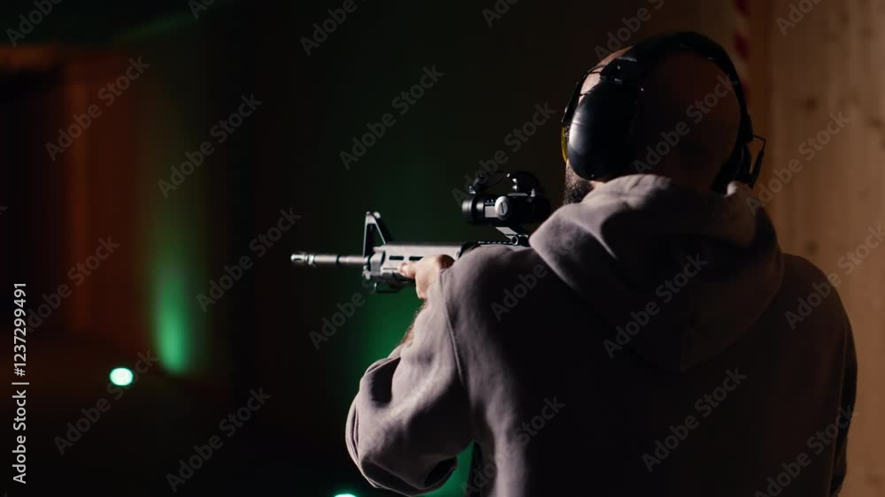 Shooting range customer shooting targets with semiautomatic weapon ...