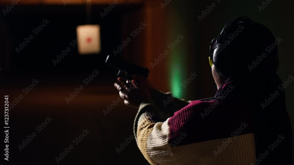 Portrait of joyous shooting range customer shooting targets with pistol ...