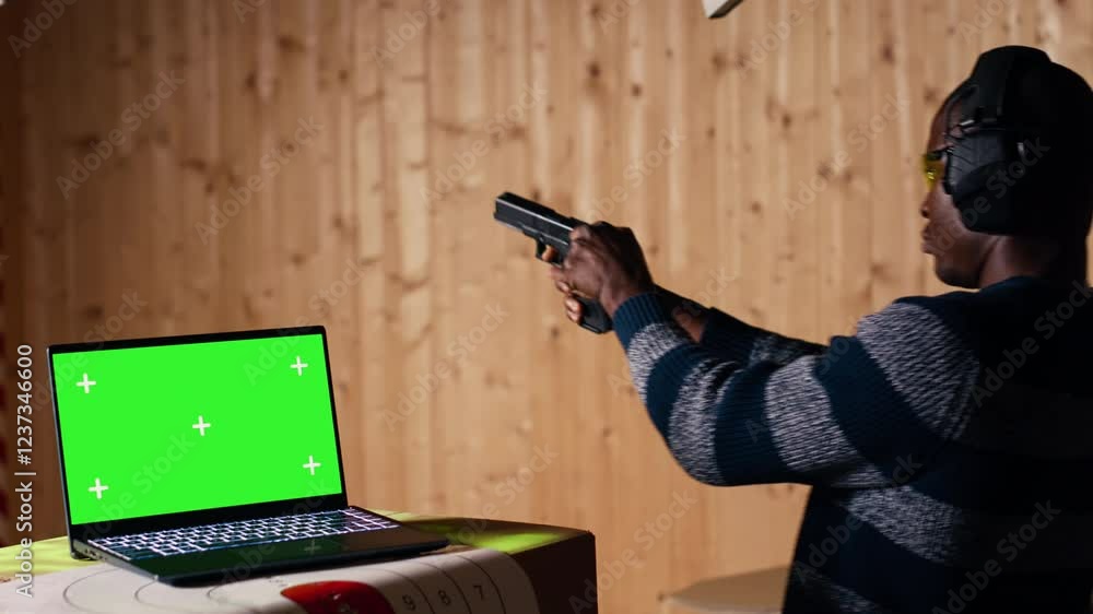 Chroma key notebook and shooting range customer reloading pistol ...