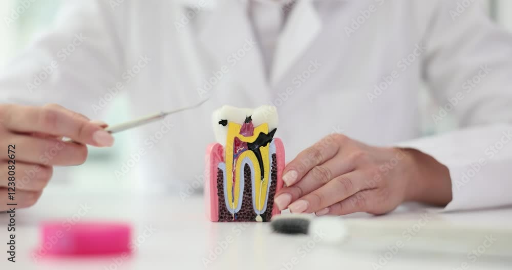 Woman dentist shows human tooth with caries anatomic model at desk for ...