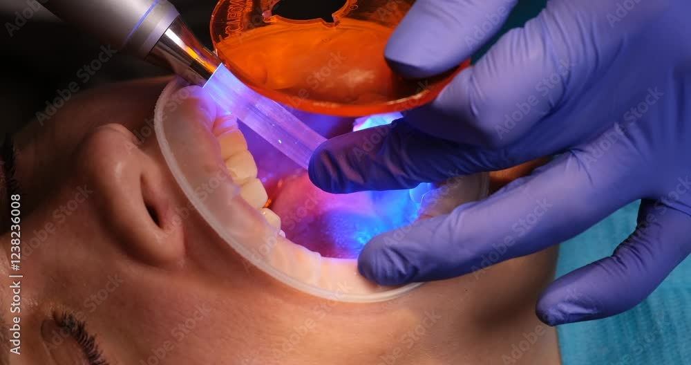 Dentist uses ultraviolet light to cure adhesive layer. Doctor positions ...