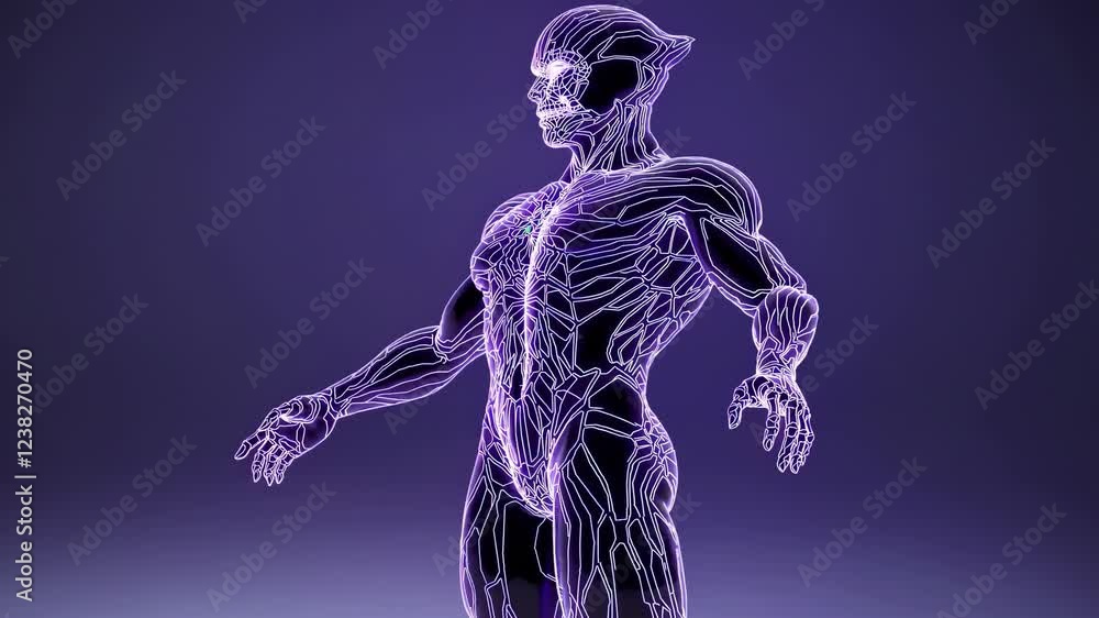 A fully rendered cybernetic figure in bright, fluorescent lines, each ...