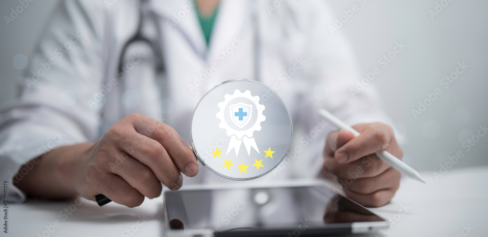 Poster Doctor holds a digital healthcare quality certification symbol ...