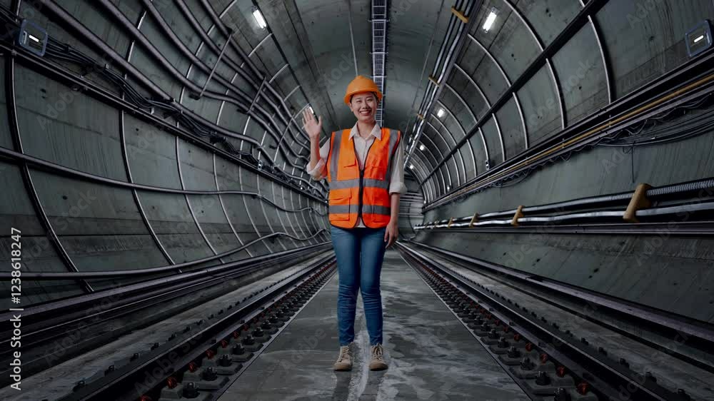 Full Body Of Asian Female Engineer With Safety Helmet Smiling To Camera ...