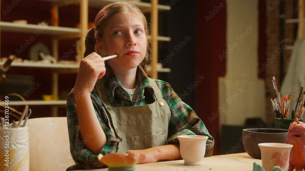 Thoughtful puzzled Caucasian little girl artist sculptor ceramist child ...