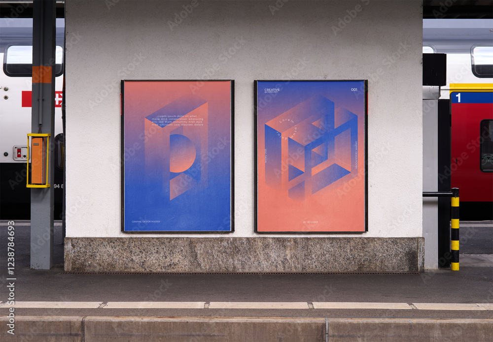 Mockup Of Two Vertical Customizable Posters On Platform Stock Template ...