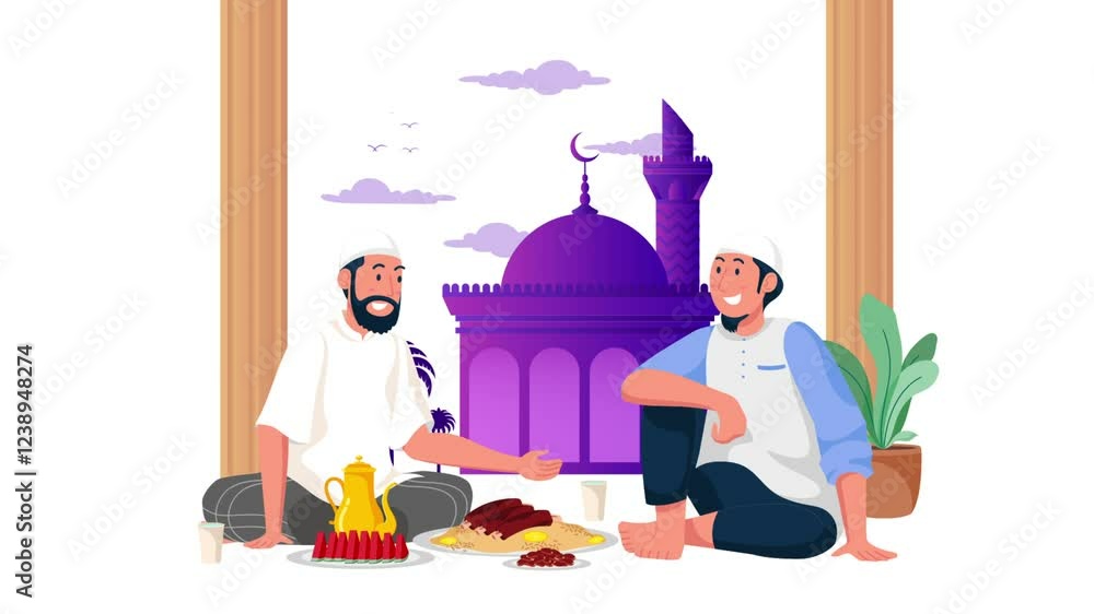 Muslim People Breaking Fast in Mosque, Iftar Roza and Ramadan 2D ...