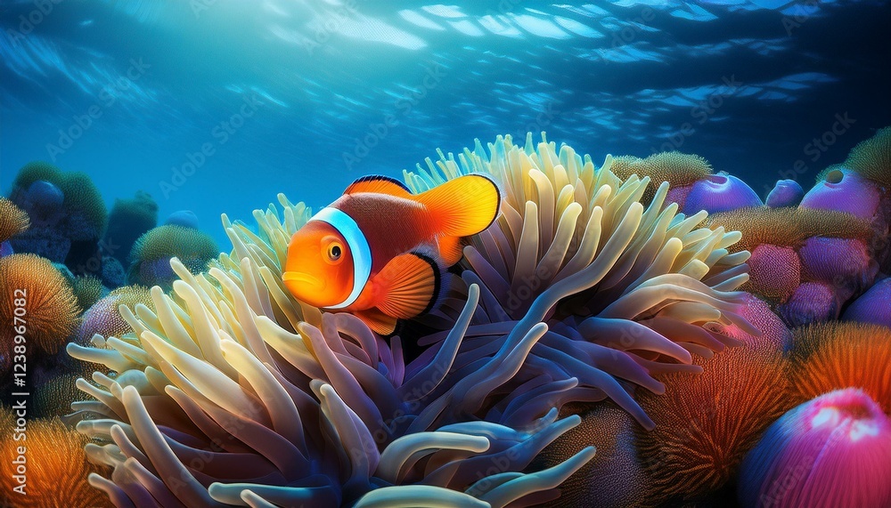 Poster underwater paradise anemonefish hiding amongst vibrant anemones ...