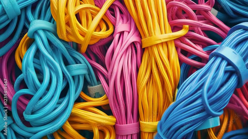 A close-up video of neatly coiled and organized colorful network LAN ...