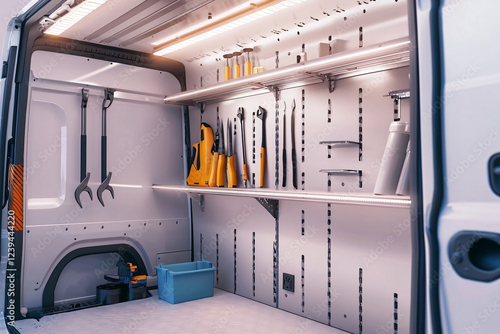 Plakát modern delivery van workspace featuring custom-built storage ...