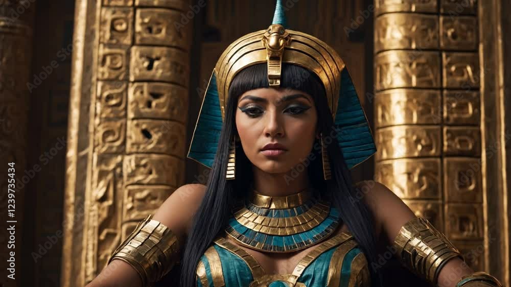Cleopatra wearing full royal regalia, her cobra crown symbolizing ...