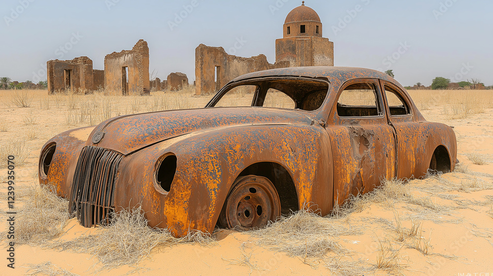 Poster, Foto A heavily rusted vintage car sits partially buried in the ...