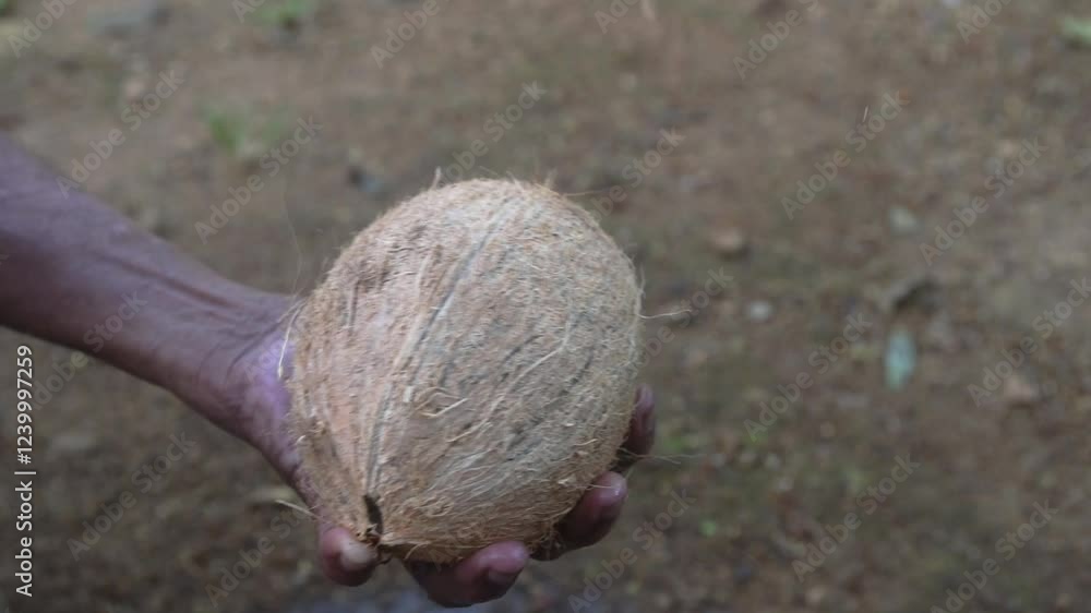 traditional way of cracking a coconut with a knife using the blunt side ...