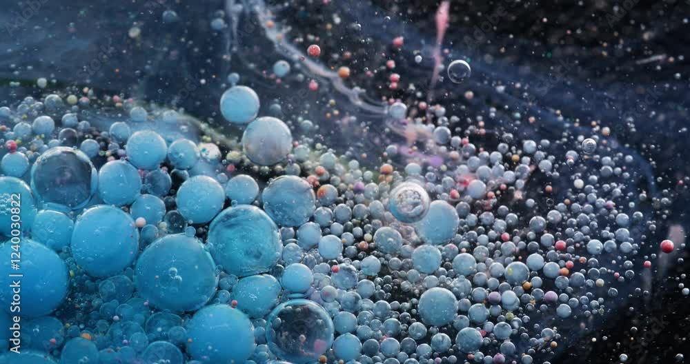 Acrylic bubble. Fizzy fluid. Blue grey black foam ink water art flow ...