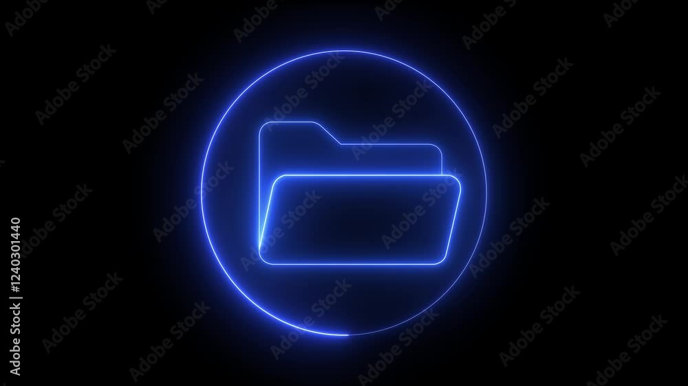 Neon glowing mobile device folder icon animated on black background ...