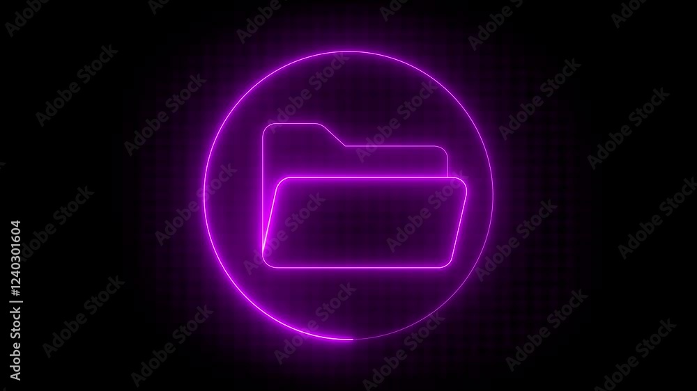 Neon glowing mobile device folder icon animated on black background ...
