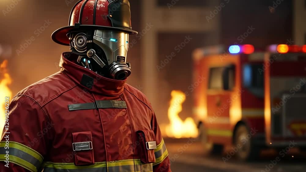 Robot, fireman and futuristic with fire, emergency response and rescue ...