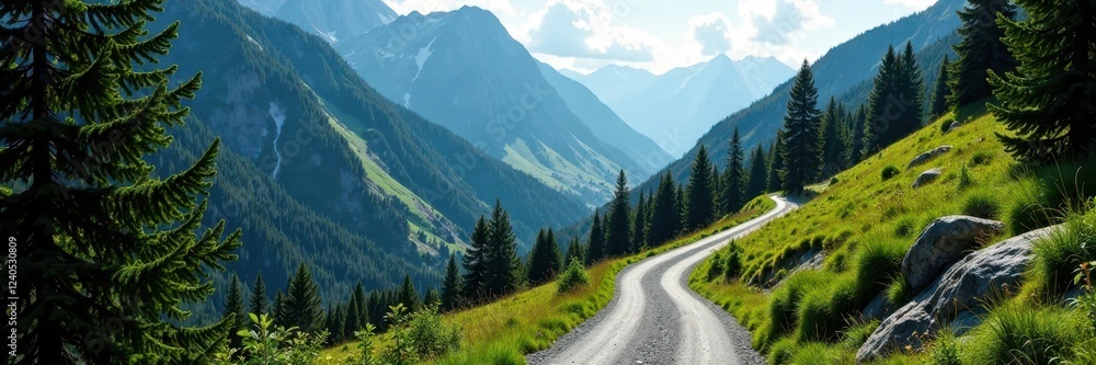 Poster Switchback road winding through towering evergreens, trail ...