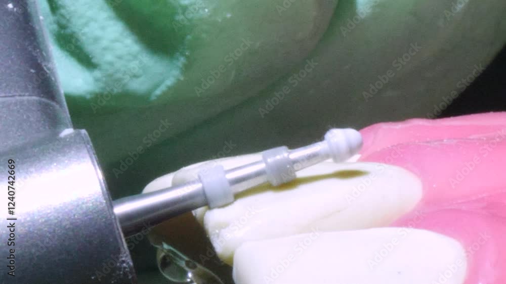 A close-up view of a dental handpiece grinding a tooth on a dental ...