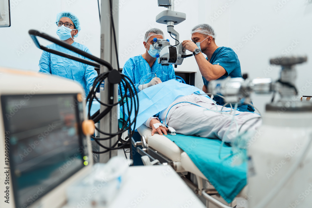 Poster Skilled surgeon and his medical team performs precise eye ...