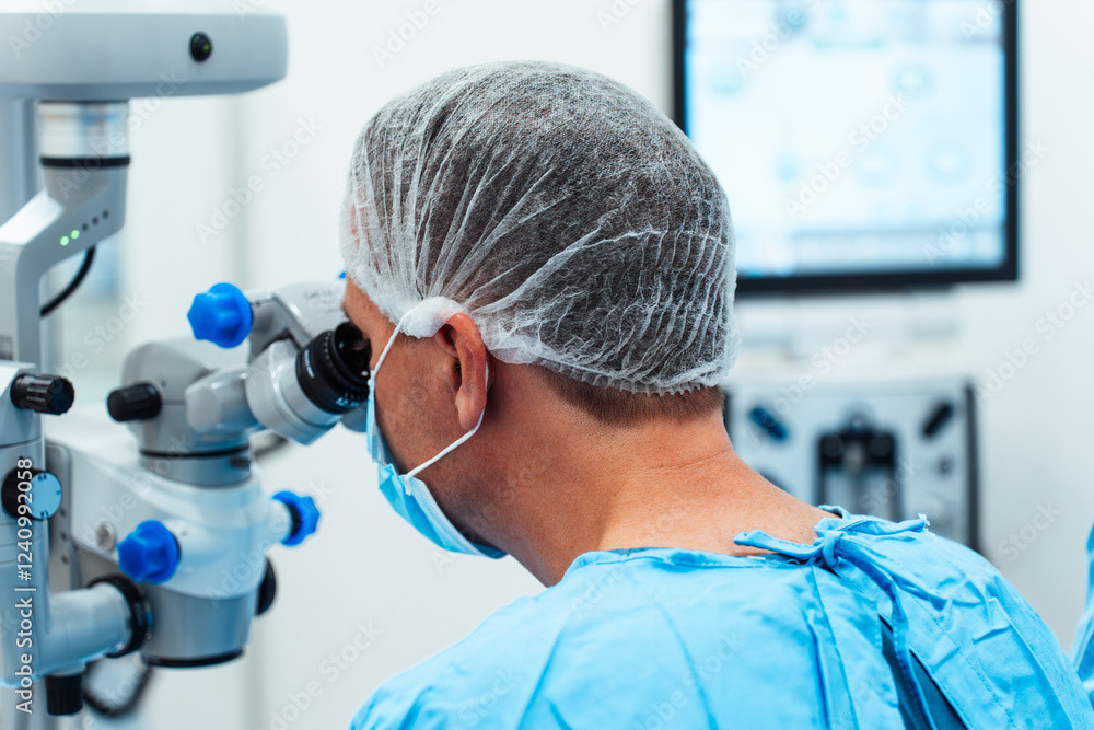 Poster Skilled surgeon and his medical team performs precise eye ...