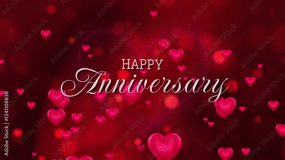 Red background with floating pink hearts and Happy Anniversary text ...