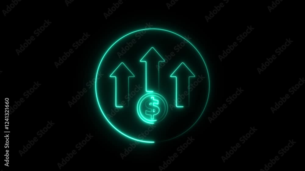 Glowing neon dollar rate increase arrow icon animation on the black ...