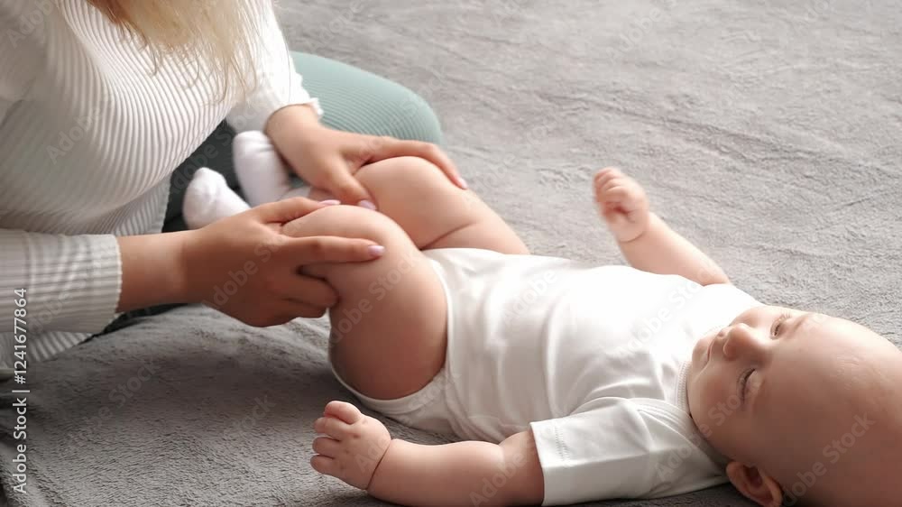 Woman does gymnastics to newborn baby lying on back on bed, spreading ...