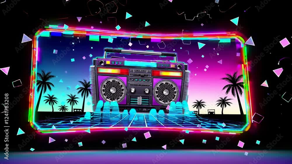 Purple boombox playing music with colorful equalizer bars and neon ...