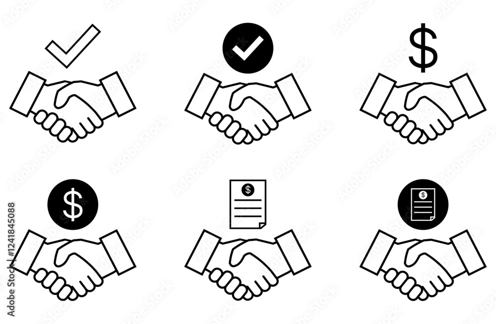 Poster Business handshake icon set with financial symbols, handshake ...