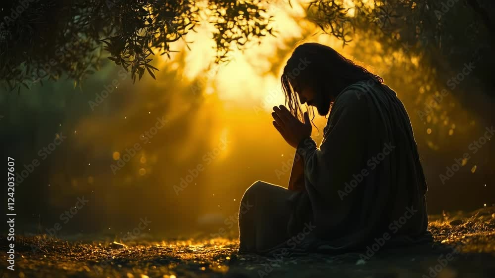Jesus Christ Kneels in Prayer at the Garden of Gethsemane Under Olive ...