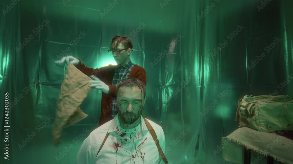 Horror movie scene of deranged criminal in sterile gloves removing sack ...