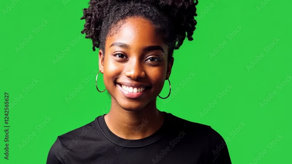 Radiant Smile Against Green Screen: A young Black woman with a radiant ...