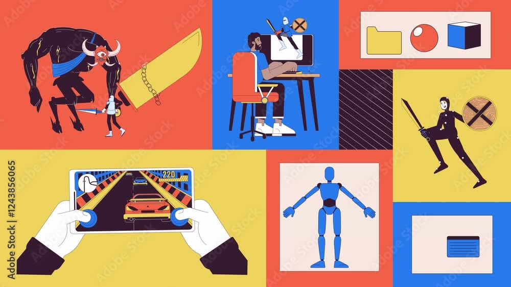 Video game development animated bento grid layout. Gamedev at computer modeling. VFX, RPG. Gamer ...