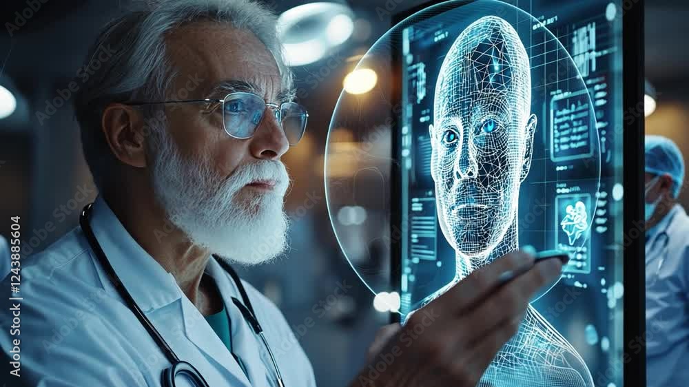 Digital Diagnostics: A senior doctor, intensely focused, uses a ...