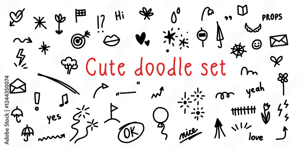 Poster Simple line doodle underline set with crown, balloons, line ...
