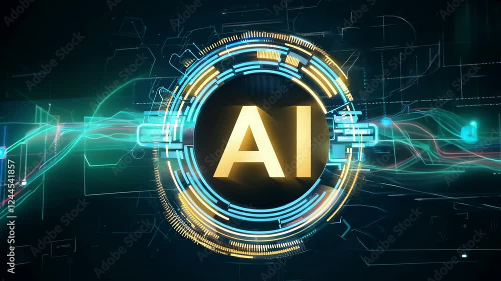 The golden text "AI" on a dark background, complemented by digital ...