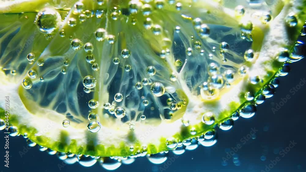 Create a highly detailed shot of a lime slice immersed in a fizzy ...