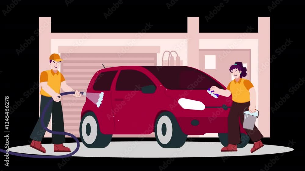 Show the car washing process with 2D flat character animation. Engaging ...