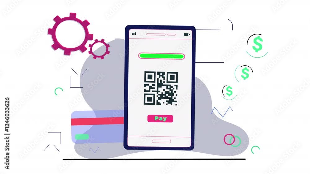 Depict barcode art through flat animation. Characters and objects are ...