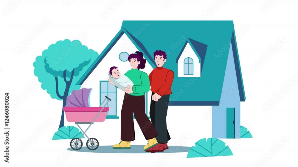 Create a pregnancy concept scene in flat style animation. Characters ...