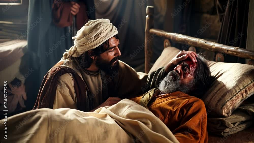 Caring for a sick person lying down. Biblical ancient times. The Gospel ...