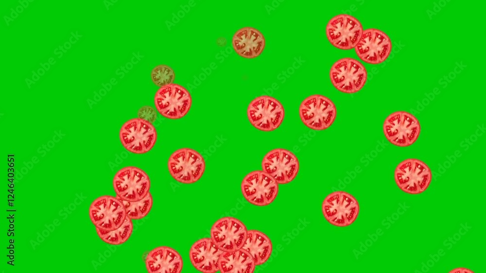 Dynamic green screen footage of a Tomato slice falling in an animated ...