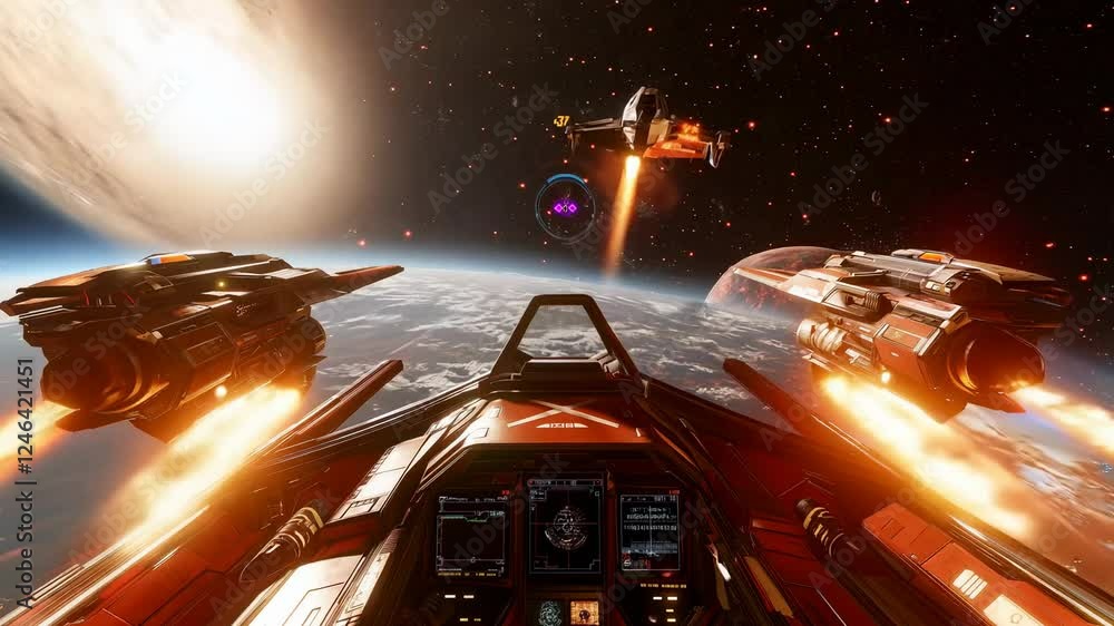 A first-person view from a spaceship cockpit engaged in an intense ...