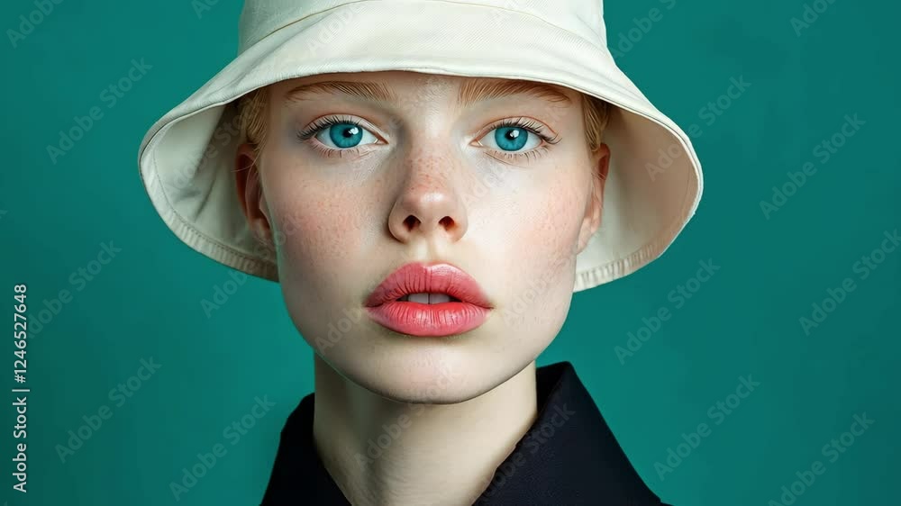 An albino woman with blue eyes and full lips wearing a chic white ...