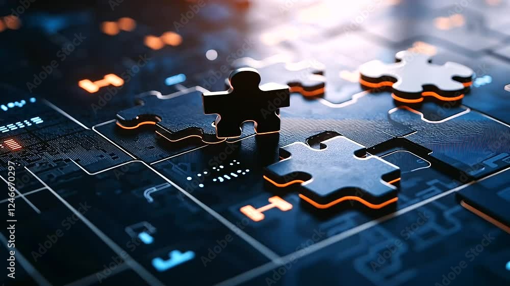 Multiple D puzzle pieces with floating digital codes lock into place in ...